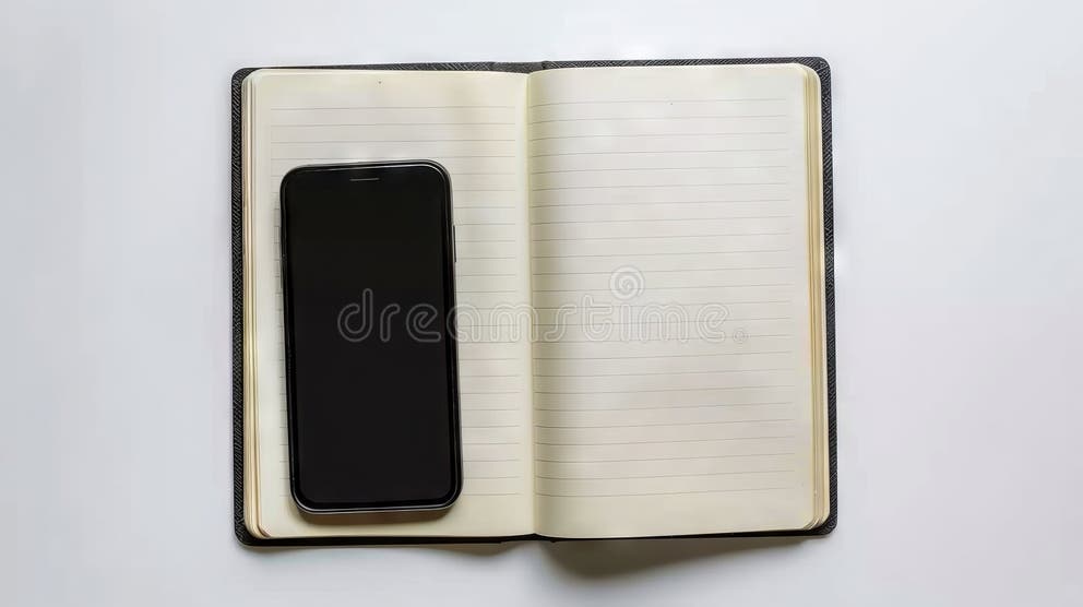 A Black Notepad with a Cell Phone on Top Stock Image - Image of journal ...