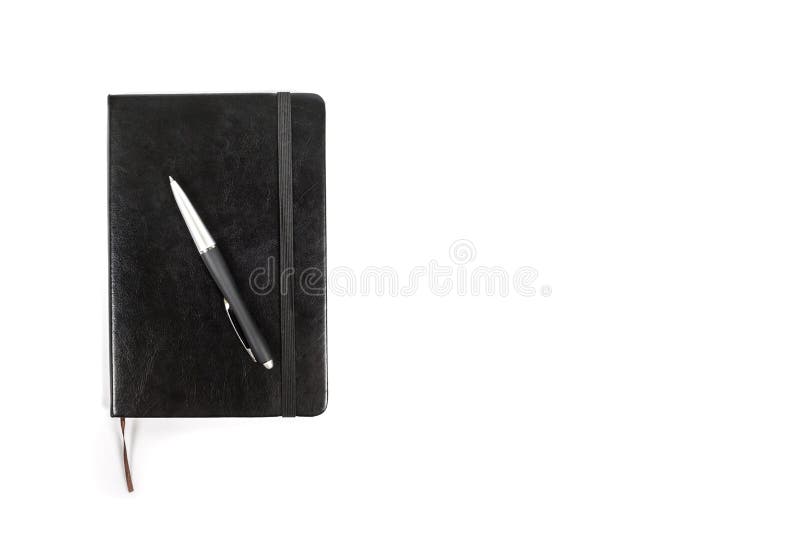 Black Notepad and Black Pen Isolated on White Stock Photo - Image of ...