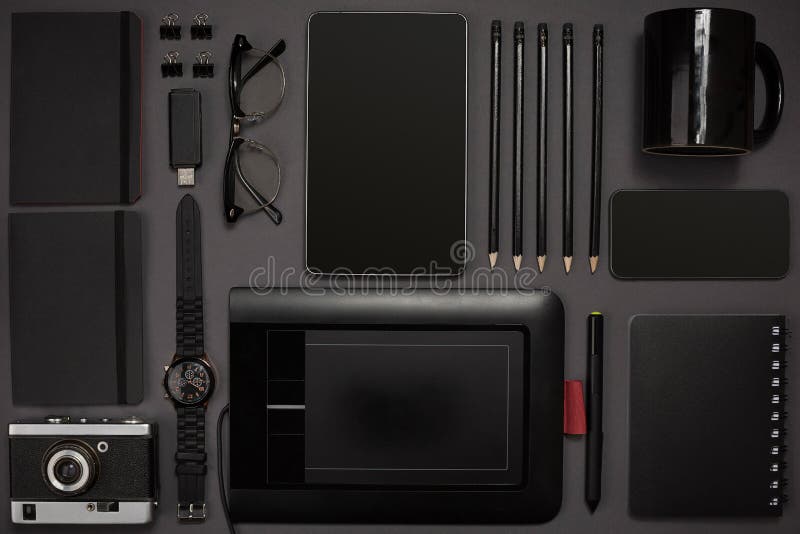 Black Objects from the Office on a Dark Gray Background. Work an Stock ...