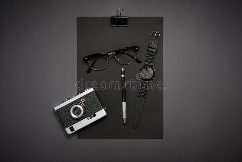 Black Objects from the Office on a Dark Gray Background. Work an Stock ...