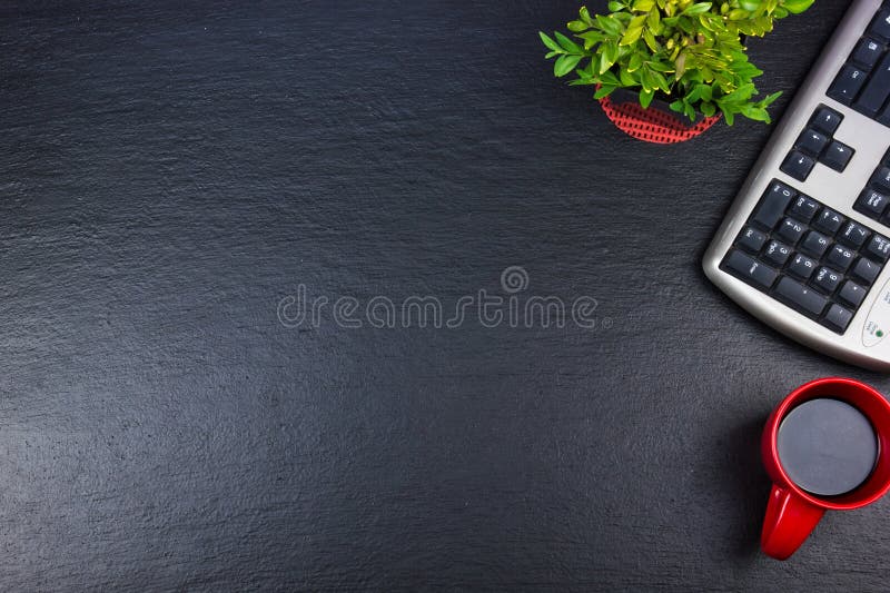 Black Office Desk Table with Computer, Pen and a Cup of Coffee, Lot of ...