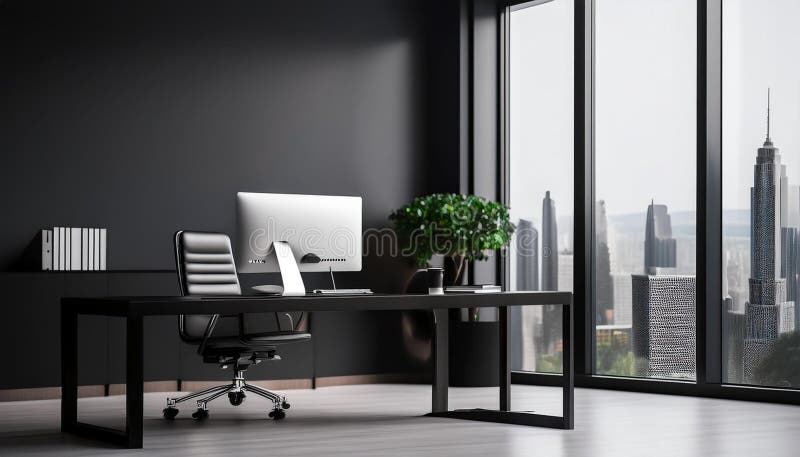 Black Office Interior with Ceo Desk Near Panoramic Window, Shelf ...