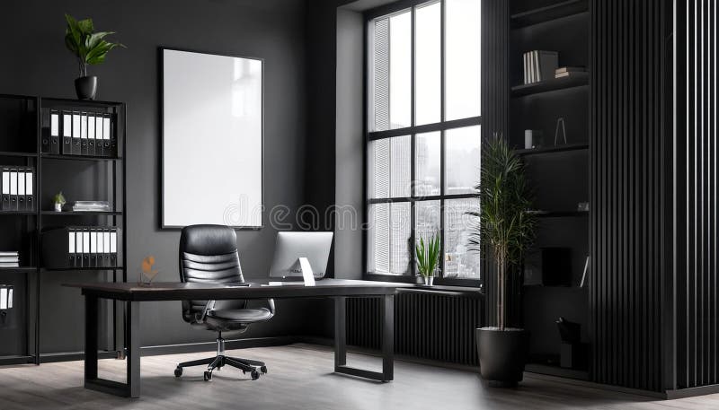 Black Office Interior with Ceo Desk Near Panoramic Window, Shelf ...