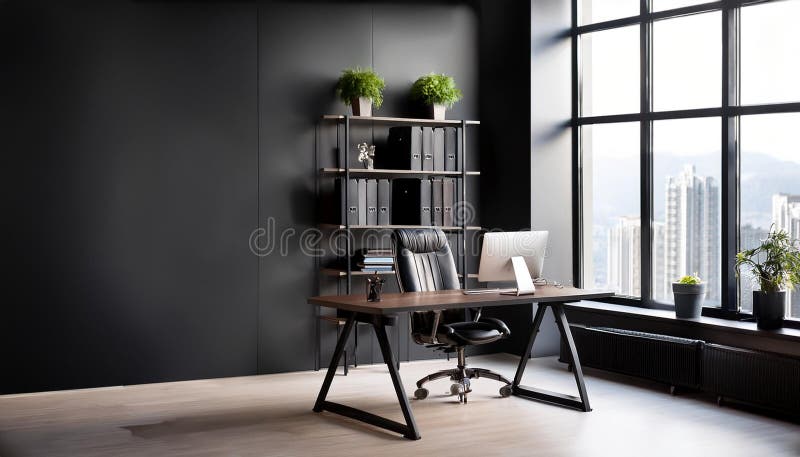 Black Office Interior with Ceo Desk Near Panoramic Window, Shelf ...