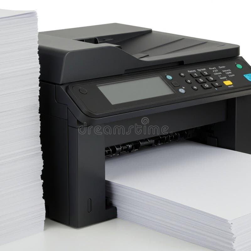 A Black Office Printer is Shown on a White Surface. Stacks of White ...
