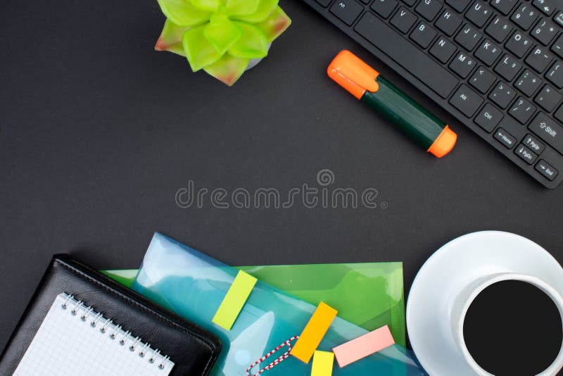 Black Office Table with Computer, Pen and a Cup of Coffee, Lot of ...