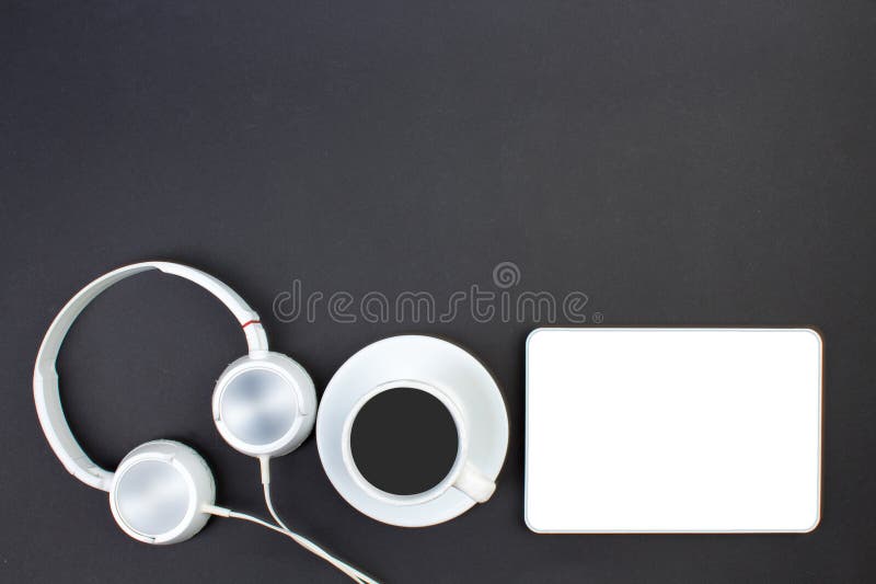 Black Office Table with Computer, Pen and a Cup of Coffee, Lot of ...