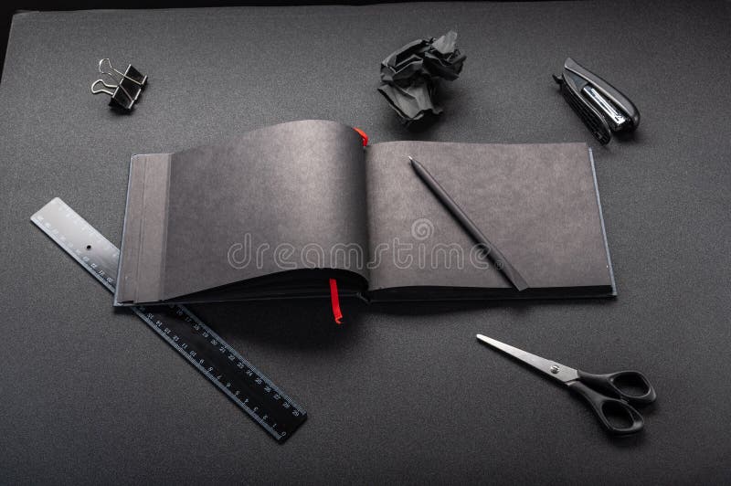 Black Office on a Black Table. Black Notebook and Stationery Stock ...