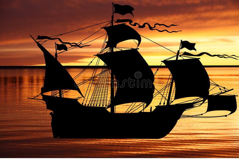 Black Old Ship Sailing Vessel on a Red Stock Illustration ...