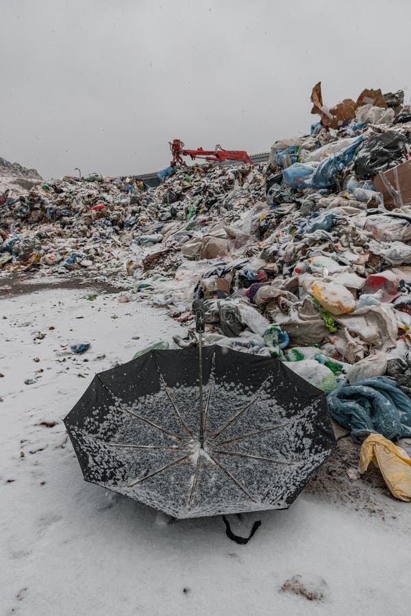 Black Open Umbrella in Snow in Front of Huge Garbage Pile in Trash Dump ...