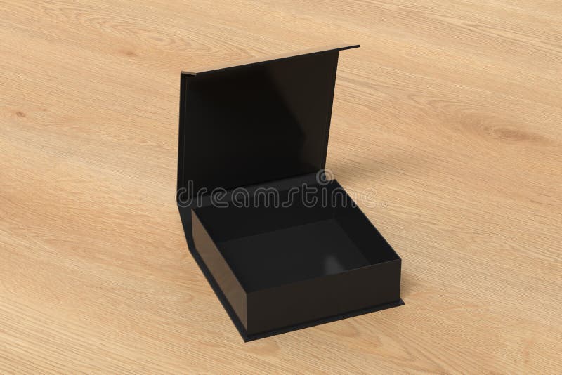 Black Opened Square Folding Gift Box Mock Up on Wooden Background. Side ...