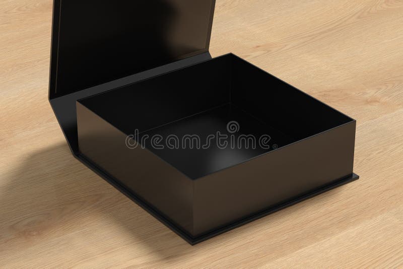 Black Opened Square Folding Gift Box Mock Up on Wooden Background. Side ...