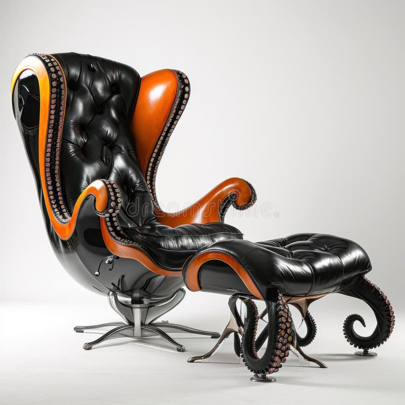 A Black and Orange Chair with an Octopus Foot Stool, AI Stock ...