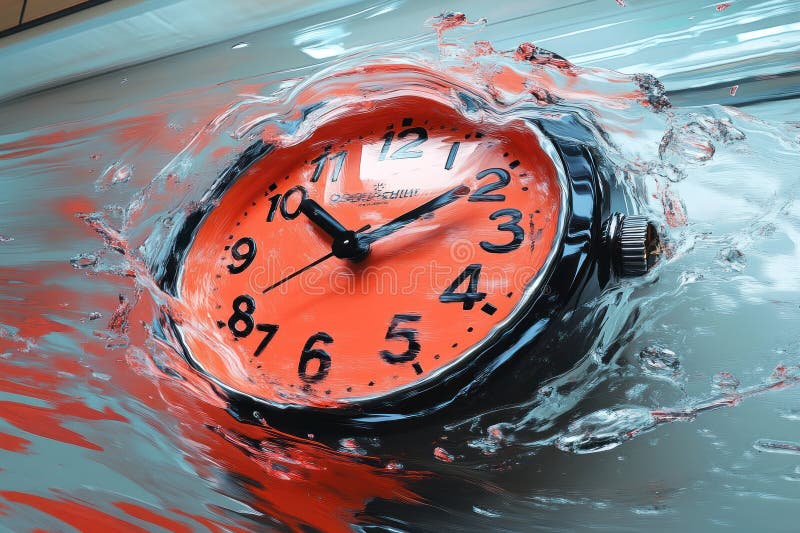 A Black and Orange Clock with a White Face is Submerged in Water ...