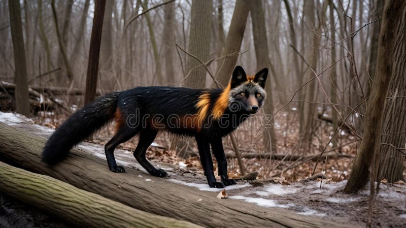 A Black and Orange Fox Standing on a Log in the Woods Stock ...