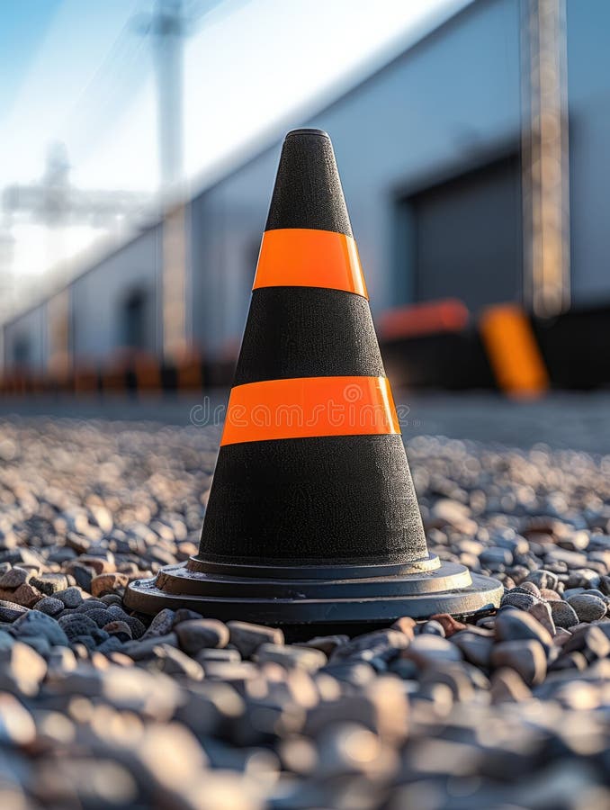 Black and Orange Traffic Cone on Gravel with Blurred Background. Stock ...