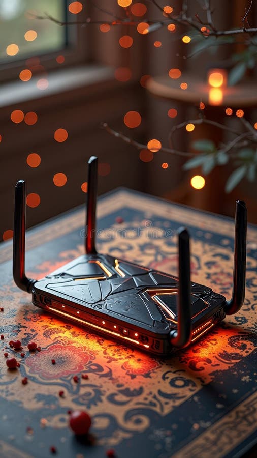 Black and Orange Wireless Router with Antennas in Warm Ambient Lighting ...