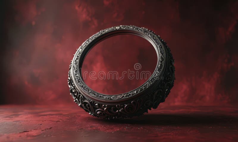 Black, Ornate Ring with Circular Design Sits on Red Surface, Casting ...