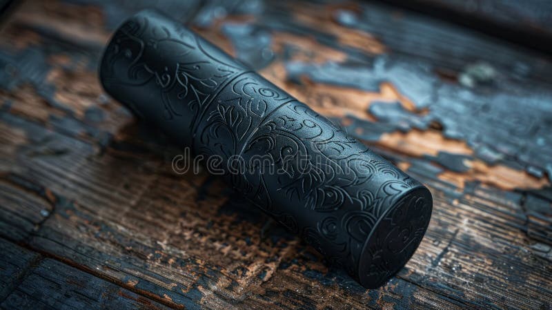 A Black Ornate Scroll on a Wooden Surface. Stock Image - Image of ...