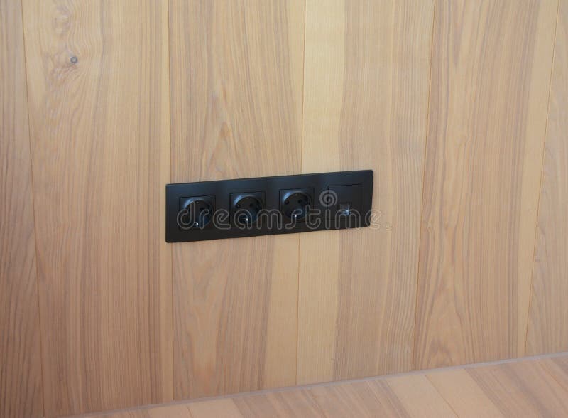 Black Outlet Plug on the Modern Wooden Wall. Socket, European Power ...