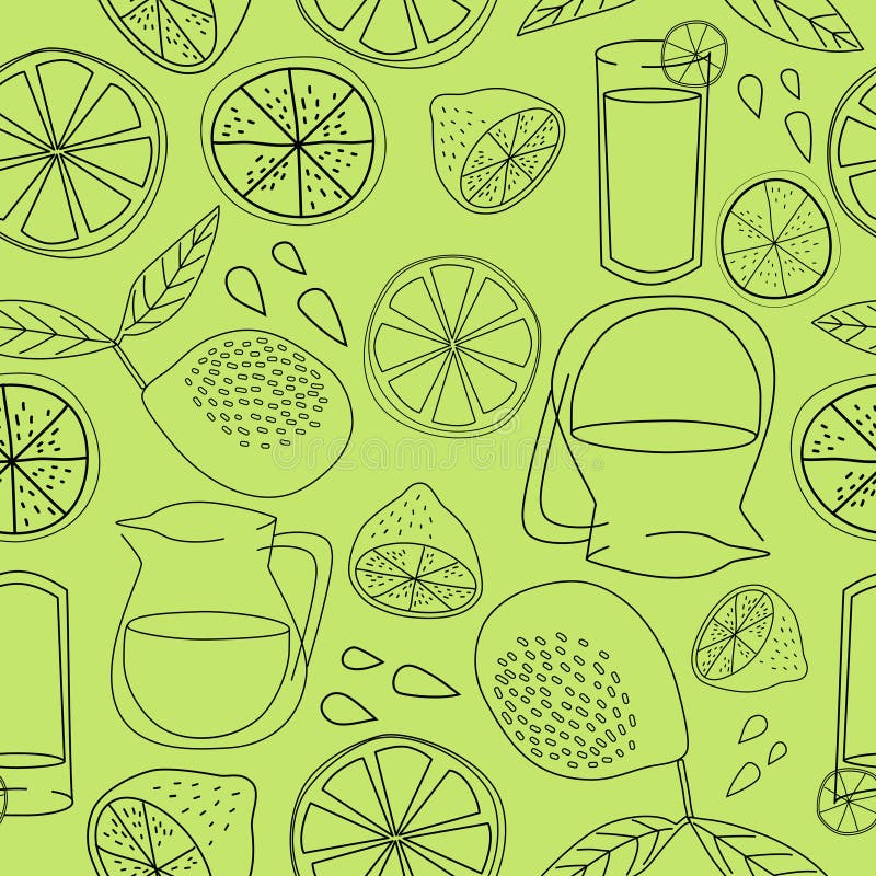 Black Outline Citrus. Lemonade Jug and Glass. Citrus Fruit, Lemon, Lime ...