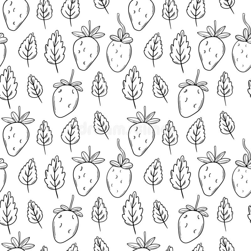 Black Outline Doodle Strawberry Seamless Pattern on White. Stock Vector ...