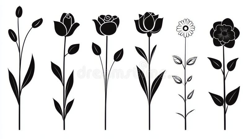 Black Outline Flower Design Element Set, Transparent Background Stock ...