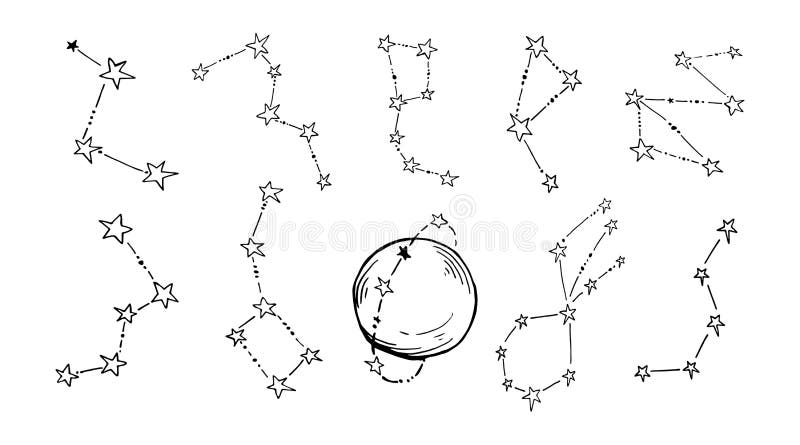 Black Outline Hand Drawing Planet and Constellations Set. Space and ...