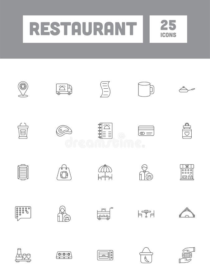 25 Black Outline Restaurant Icons Stock Illustration - Illustration of ...