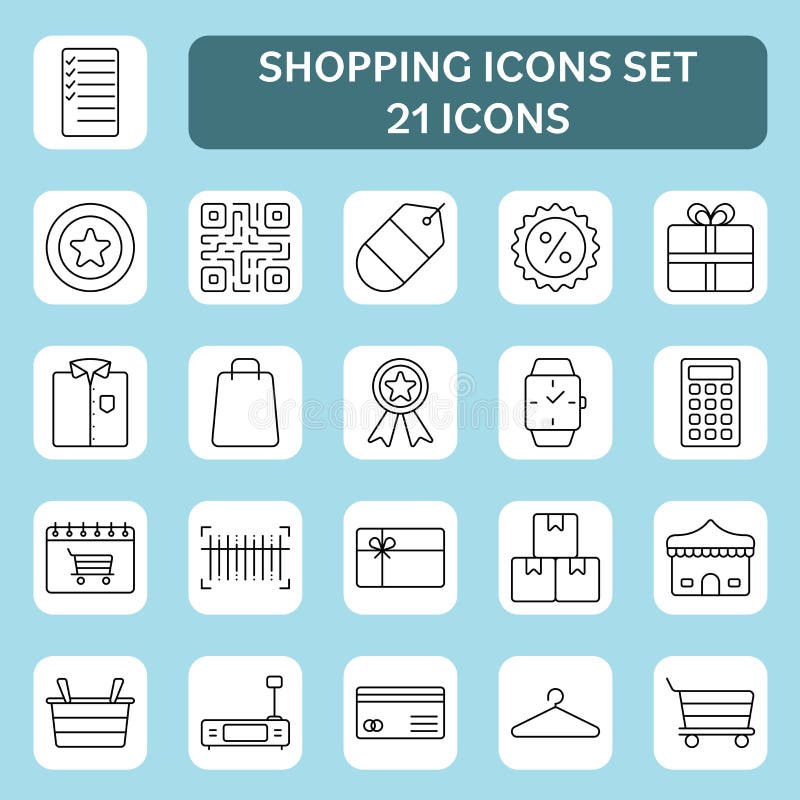 21 Black Outline Shopping Icon Set on Blue and White Square Stock ...