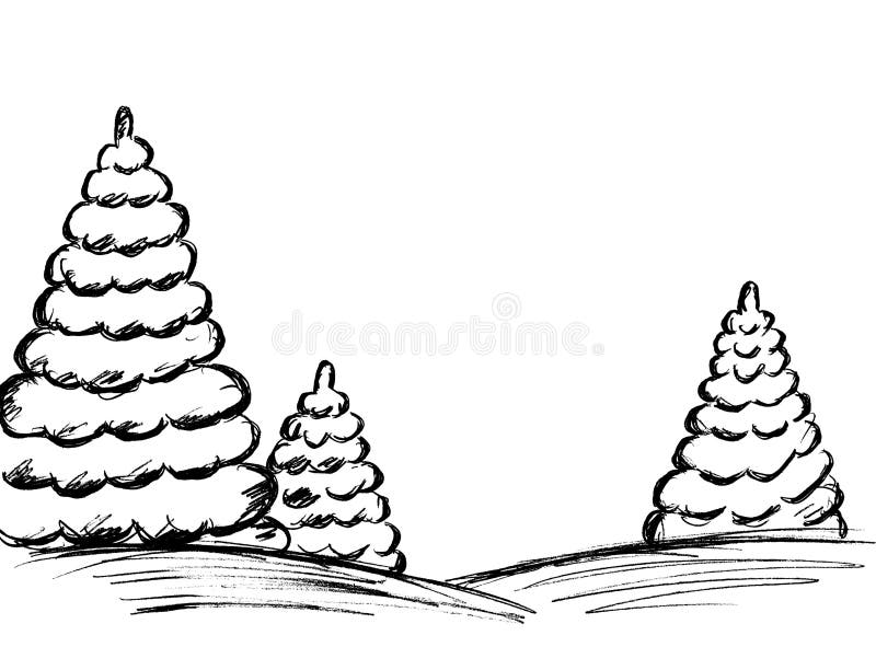 Black Outline of Snow-covered Christmas Trees on a White Background ...
