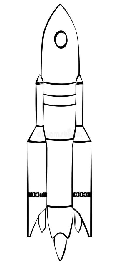 Black Outline Space Rocket with Flame from Nozzles Isolated on White ...