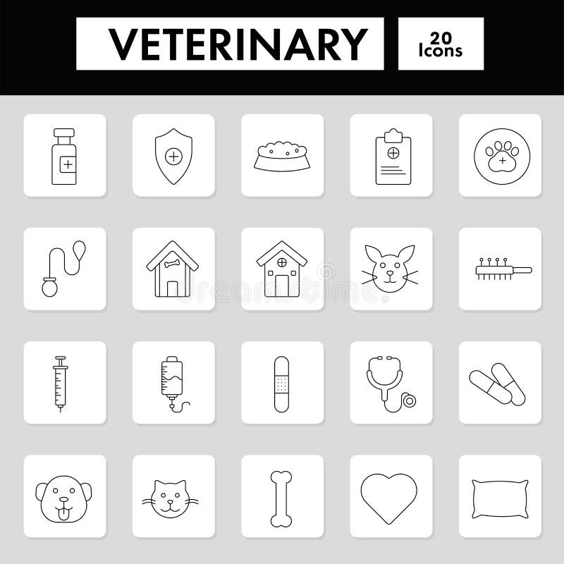 Black Outline Veterinary Icon or Symbol Set in White Square Stock ...