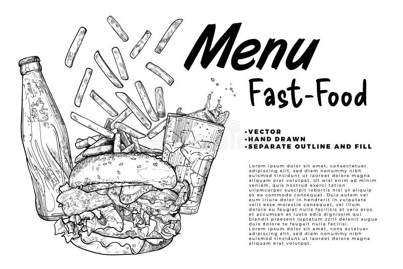 Fast Food Vector Menu Design Stock Vector - Illustration of drawn ...