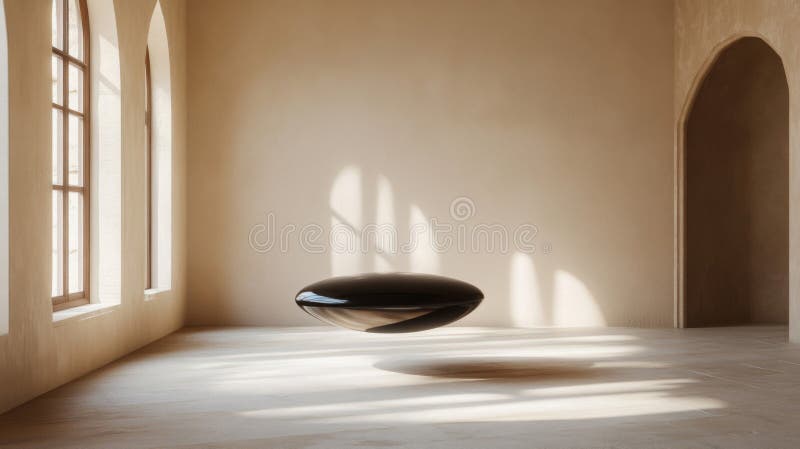 Black Oval Object Floating in a Beige Room Stock Illustration ...
