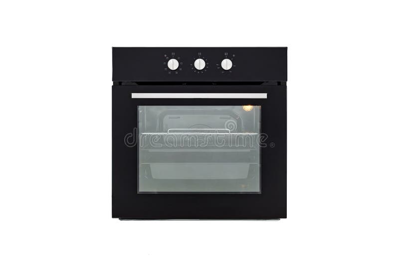 Black Oven with Closed Door and Three Baking Sheets, Front View ...