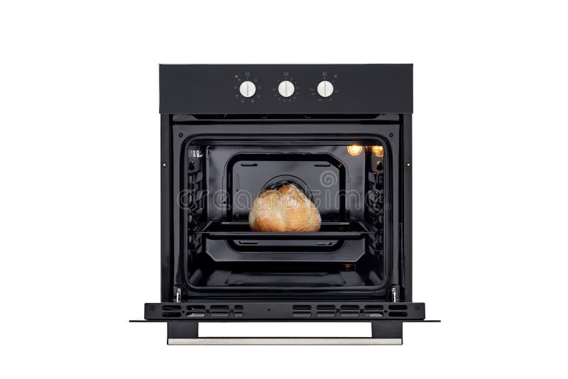 Black Oven with Open Door and Baked Bread, Front View, Isolated on ...