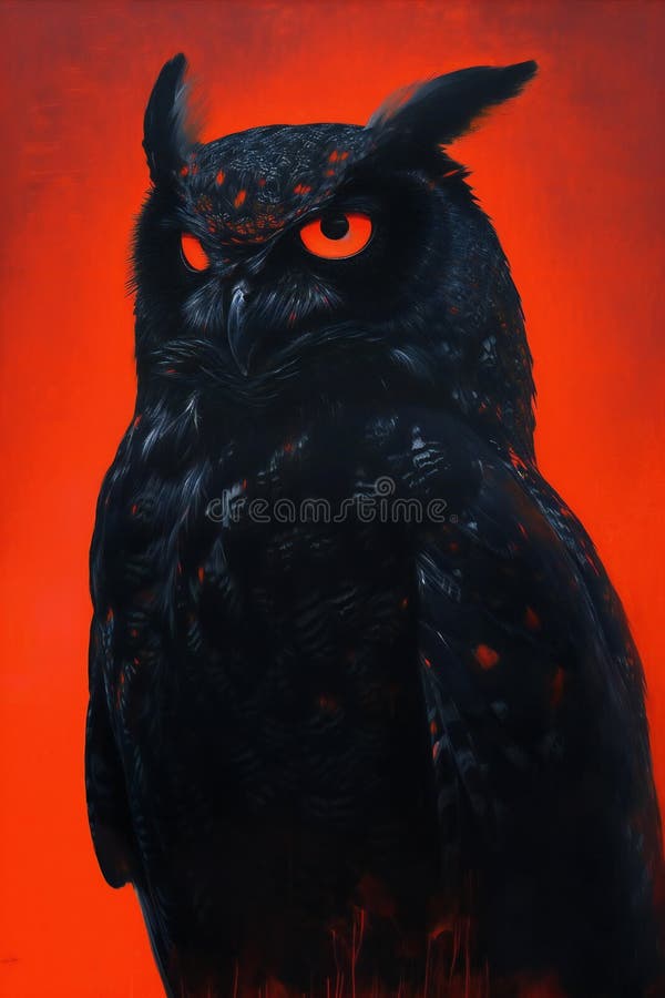 Black Owl with Red Eyes on a Red Background, Portrait Stock Illustration - Illustration of dark ...