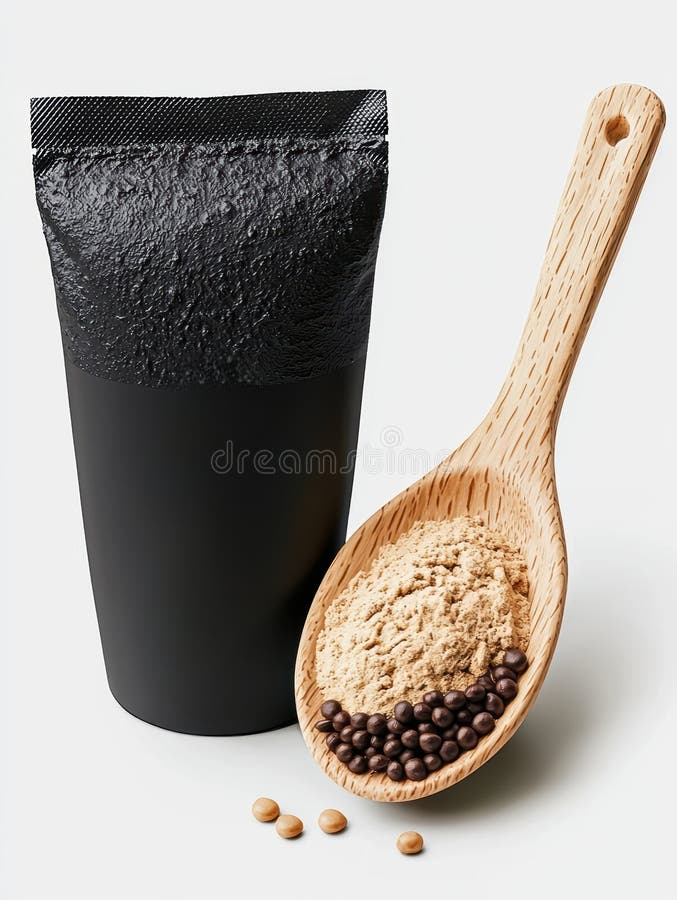 Black Packaging Mockup with Wooden Spoon and Spice Blend Display for ...