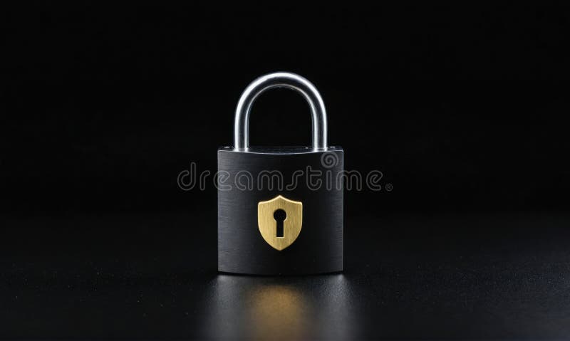 A Black Padlock with a Gold Shield Sits on a Black Surface Stock Image ...