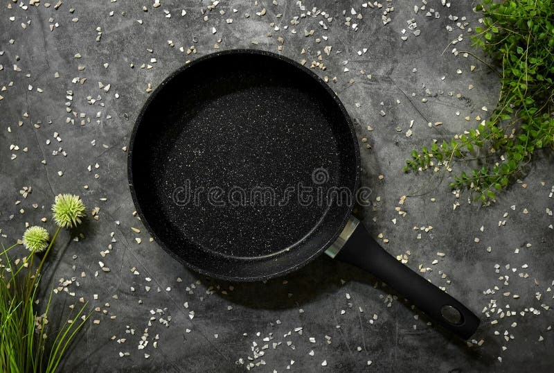 Black Pan Green Leaves Plants Kitchenware Homemade Background Stock ...