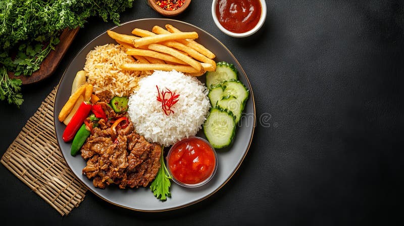 A Black Pan Top View of a Peruvian Beef Dish with Vegetables Fries and ...