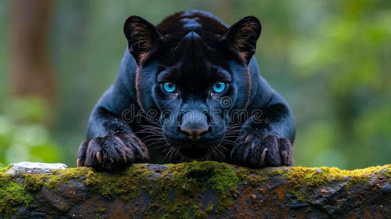 A Black Panther with Blue Eyes Laying on a Rock Stock Image - Image of ...