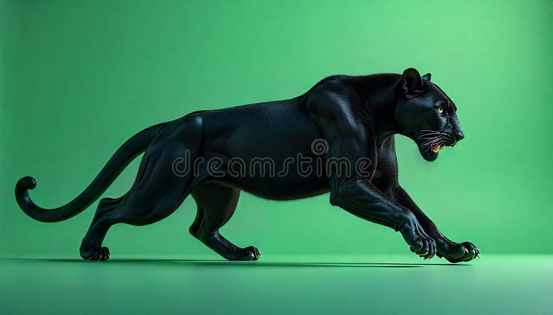 Black Panther Crouching with Sharp Teeth on Green Background Stock ...