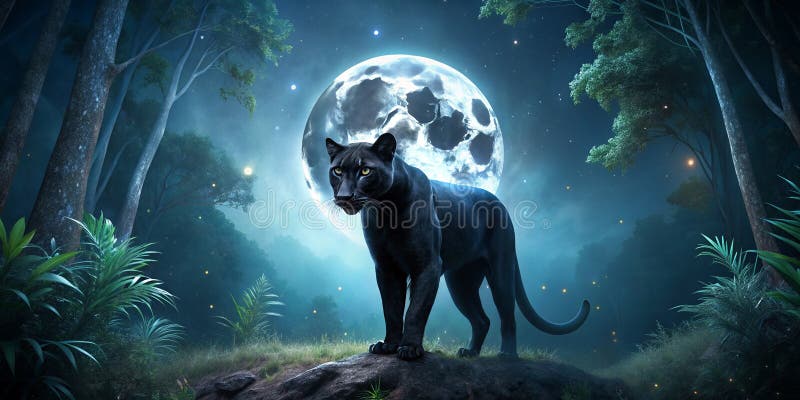 A Black Panther in an Extremely Dark Forest at Night the only Light ...