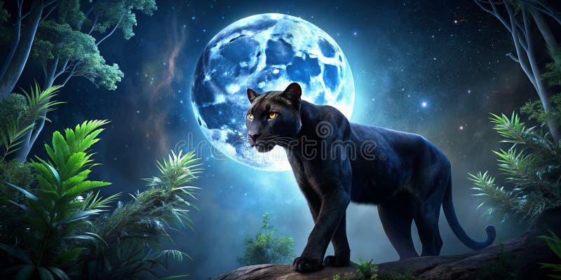 A Black Panther in an Extremely Dark Forest at Night the only Light ...