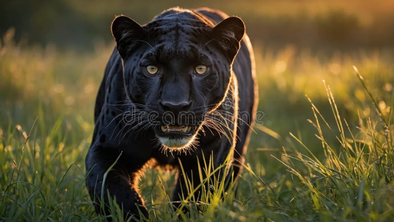 Black Panther in Grassy Field Staring Intently Stock Photo - Image of ...