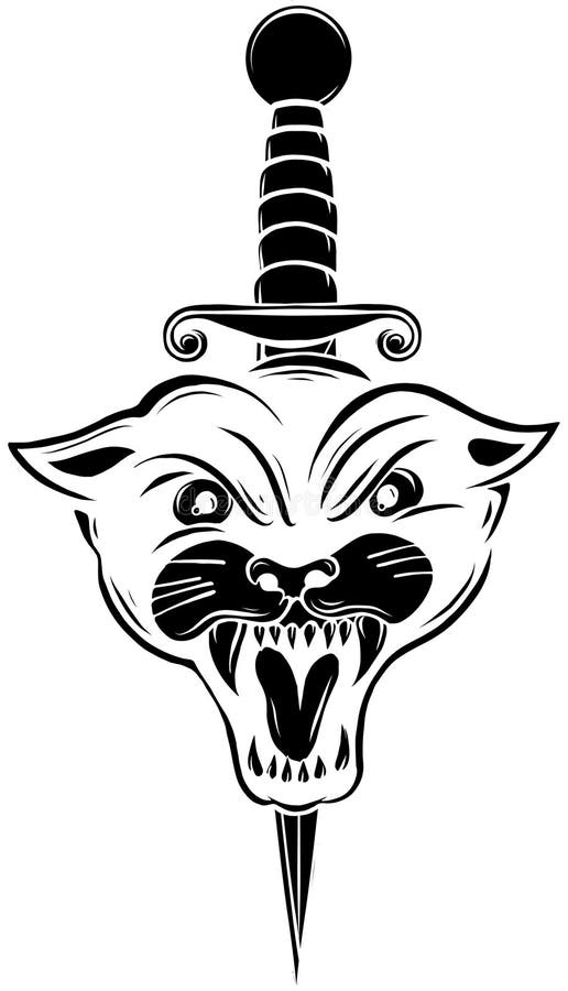 Black Silhouette of Black Panther Head and Dagger Tattoo, Vector Stock ...