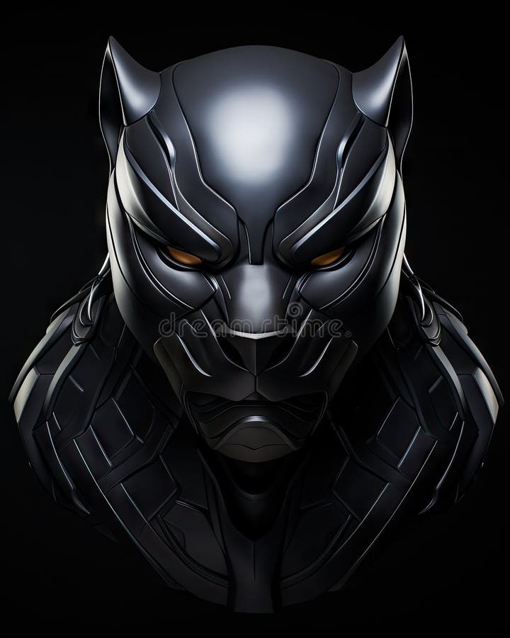 A Black Panther Mask with Orange Eyes and a Black Background ...