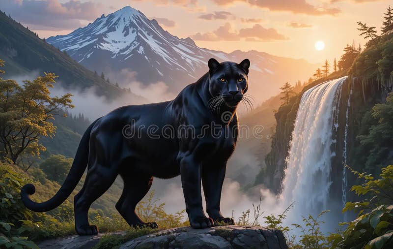 A Black Panther Overlooking a Waterfall with a Mountain Backdrop Stock ...